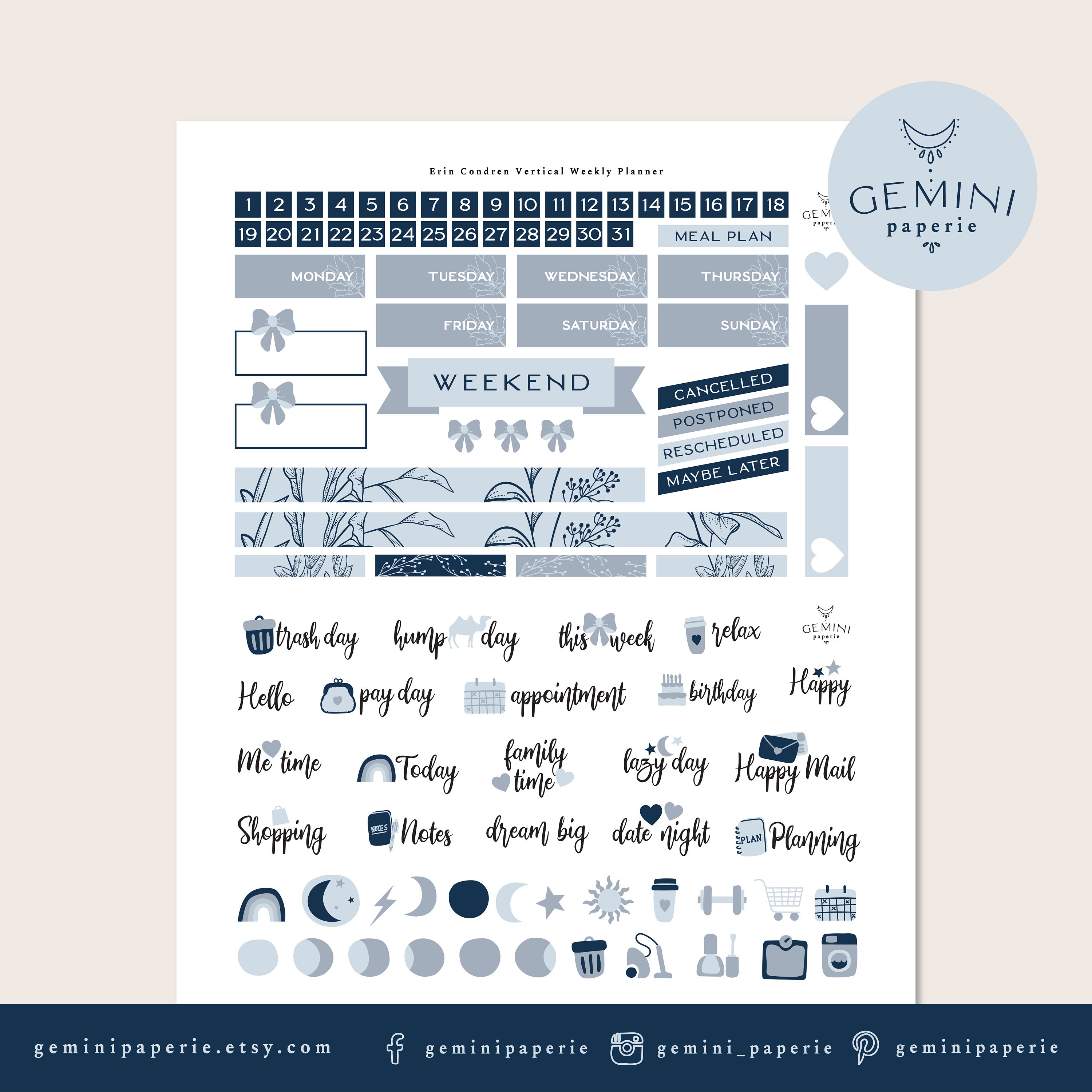 Vertical Weekly Kit, Printable Planner Stickers for Erin Condren Life ...