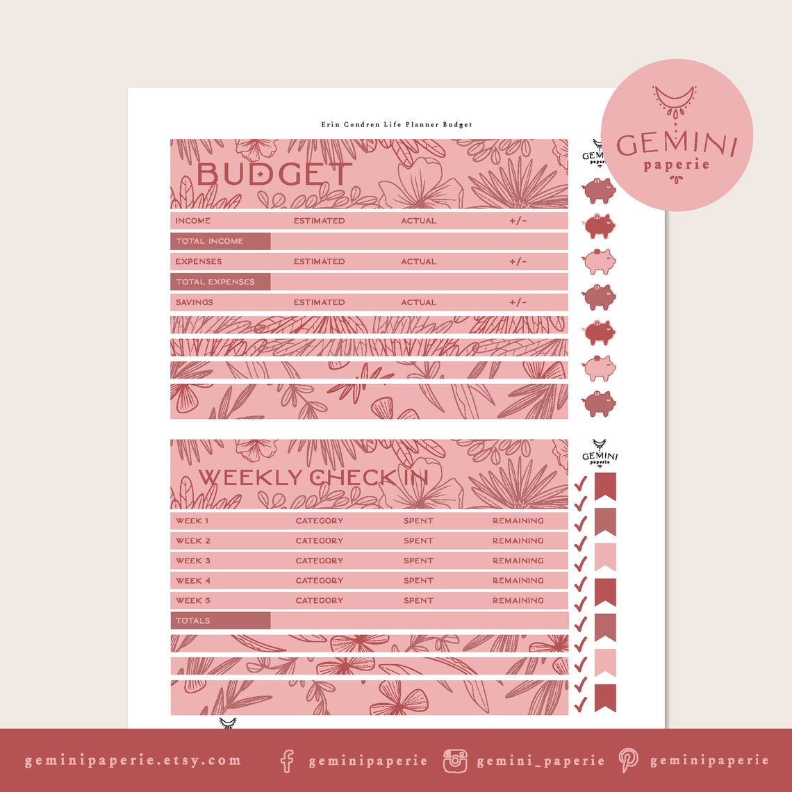 Printable Budget Planner Sticker Kit Red Botanical Floral DIY | Etsy