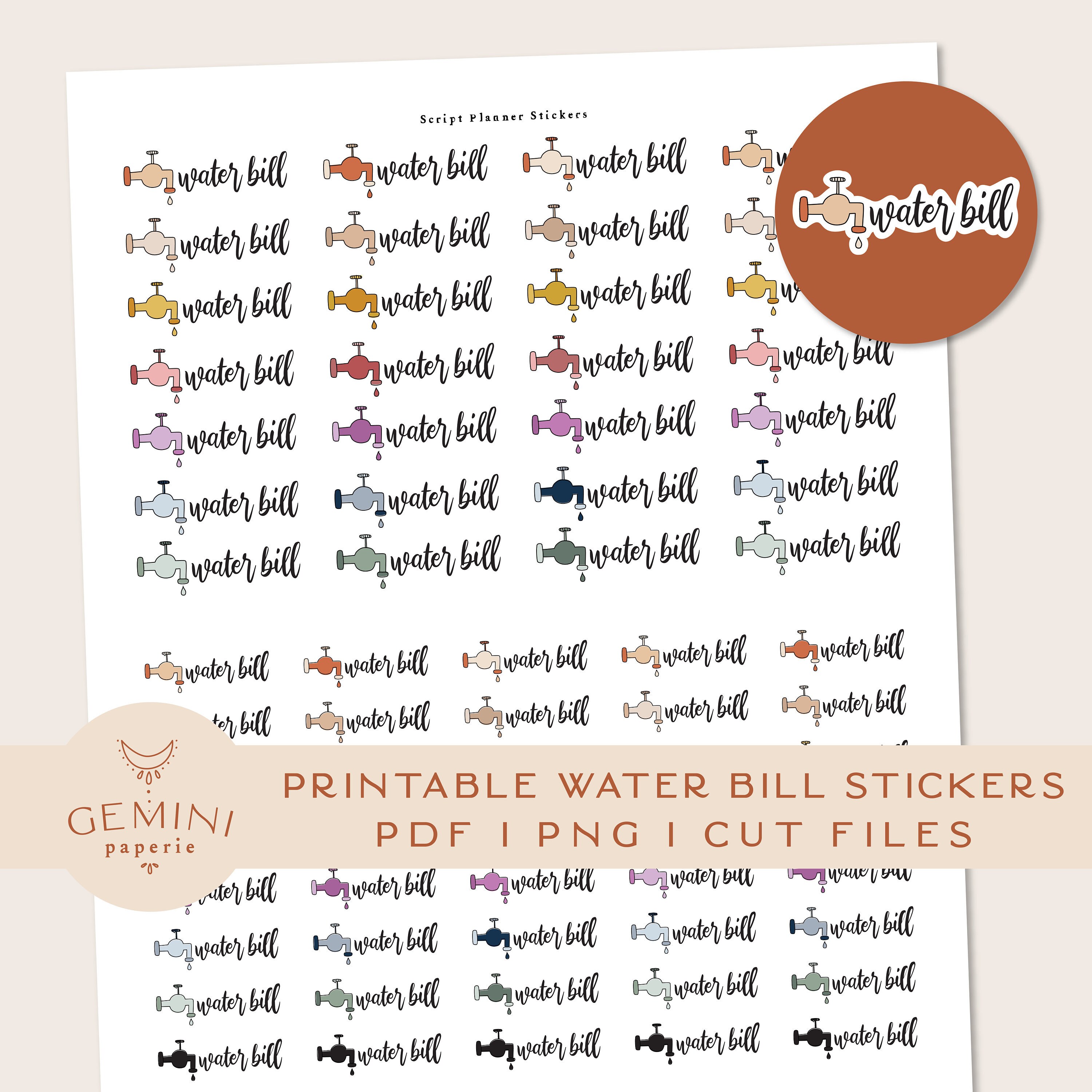 Water Bill Printable Stickers House Planner Script Stickers - Etsy