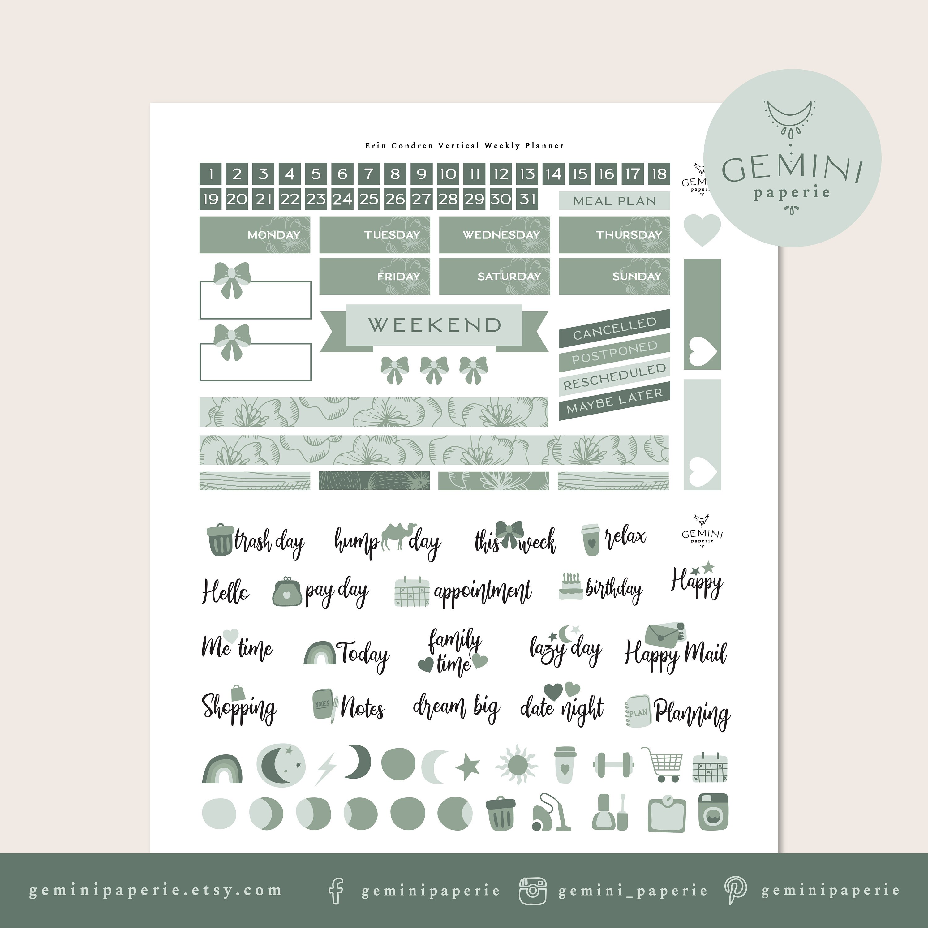 Printable Weekly Planner Stickers for Erin Condren 2021, Weekly Planner ...