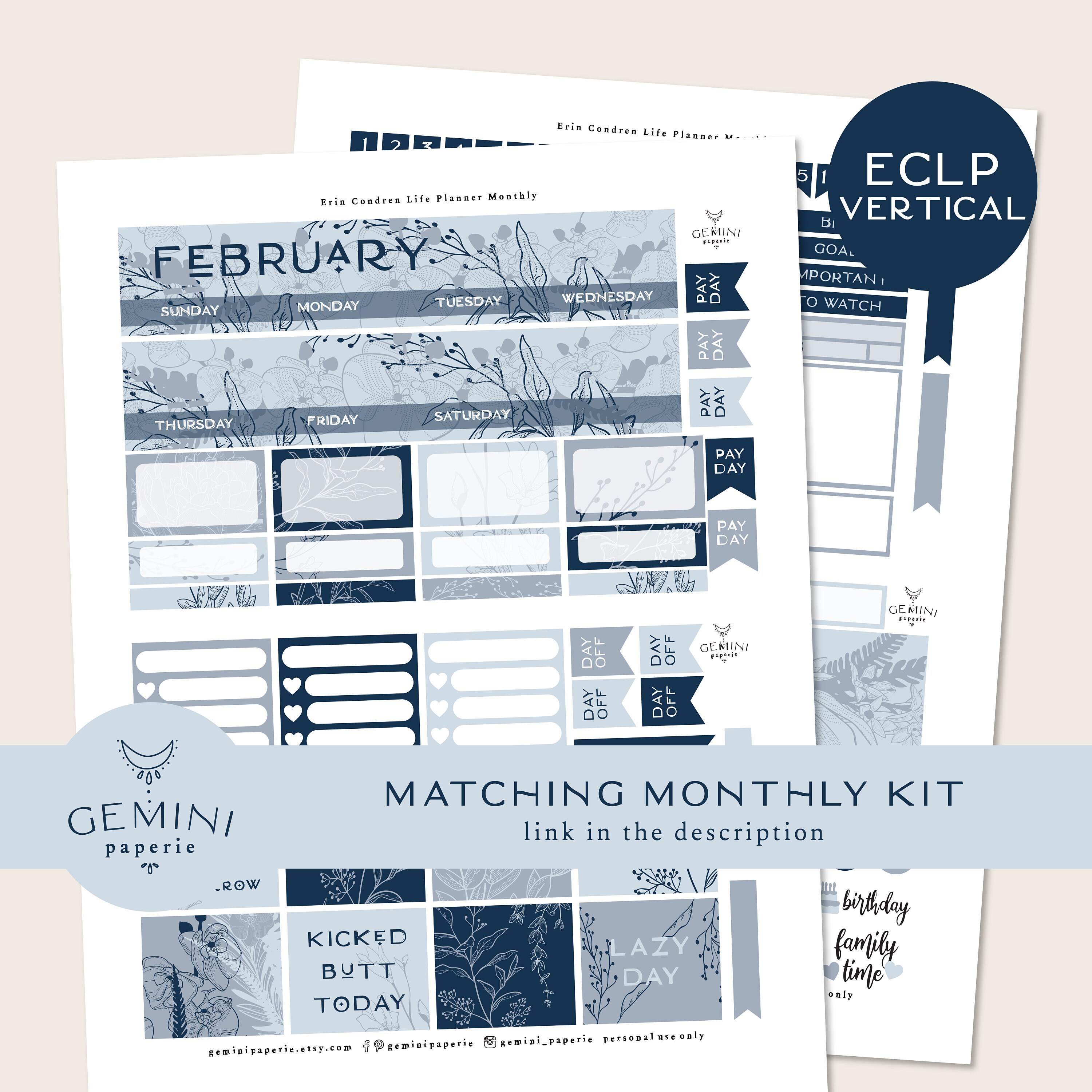Vertical Weekly Kit, Printable Planner Stickers for Erin Condren Life ...