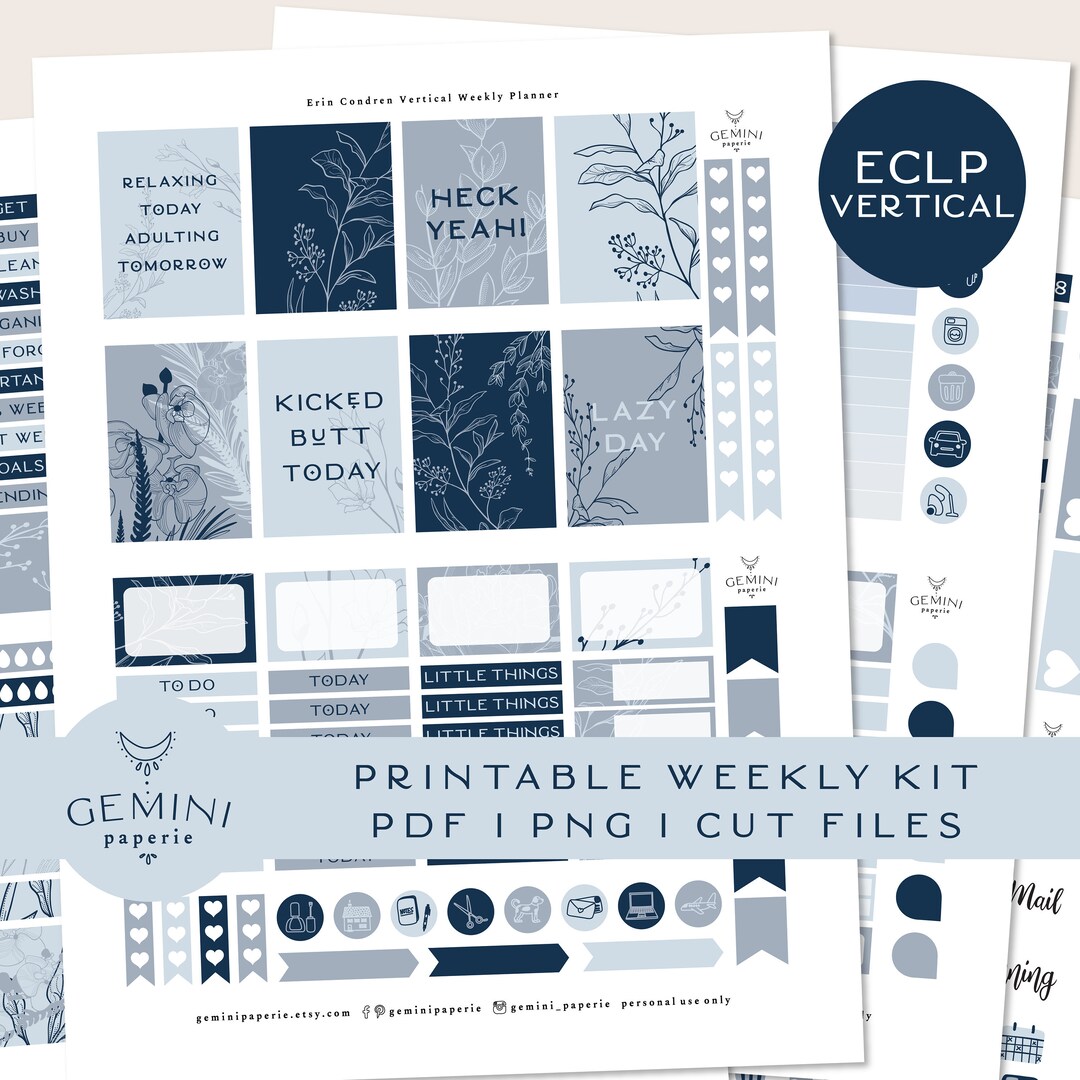 Vertical Weekly Kit, Printable Planner Stickers for Erin Condren Life ...