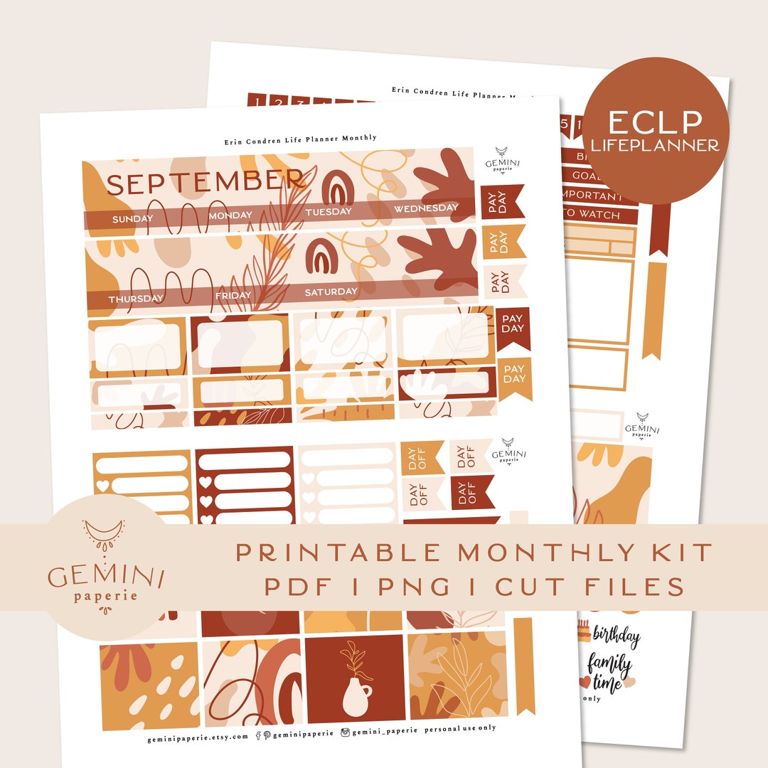 Monthly SEPTEMBER Printable Planner Sticker Kit Erin Condren 2021 Life ...