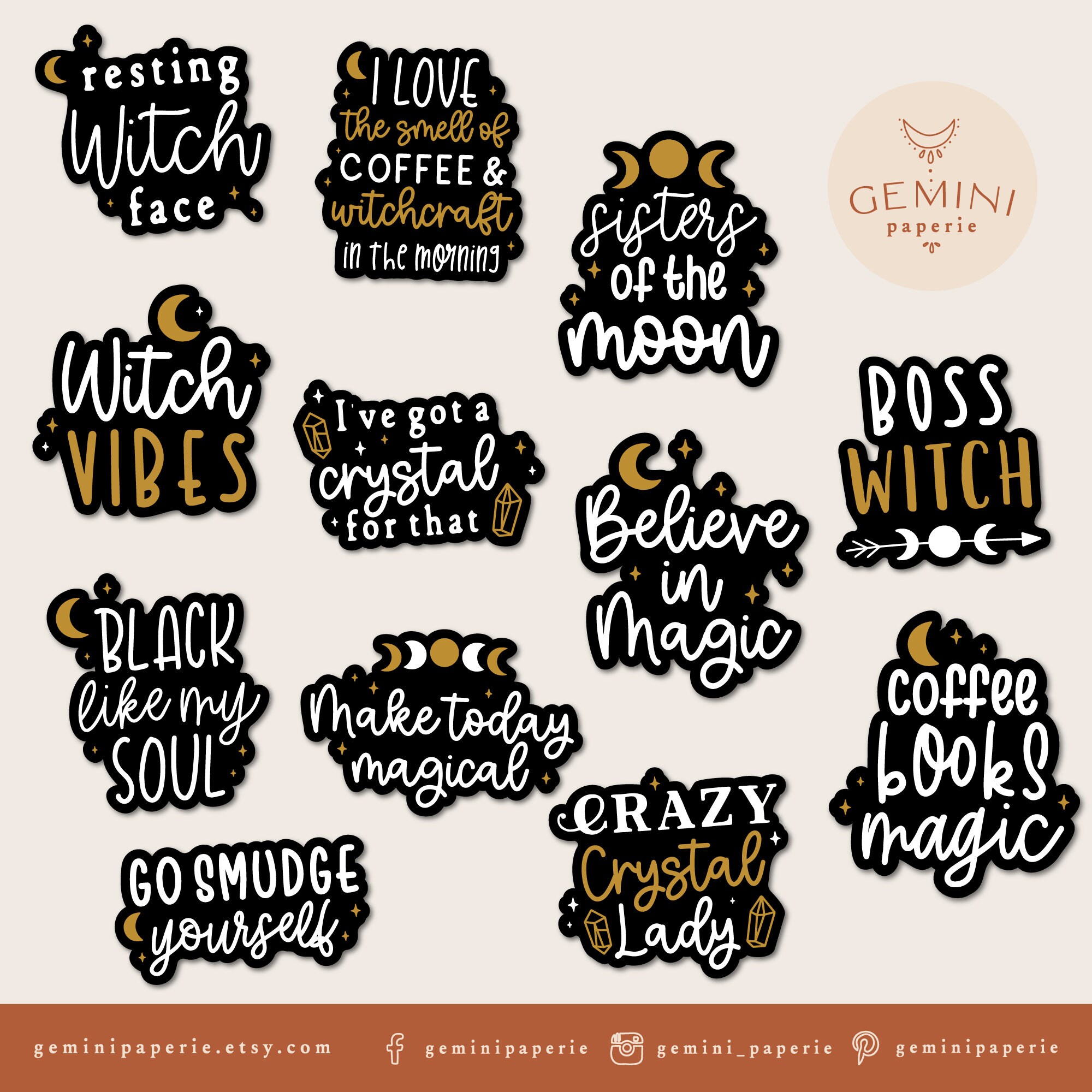 Witch Stickers, Magic Printable Stickers Bundle, Moon Vinyl Sticker ...