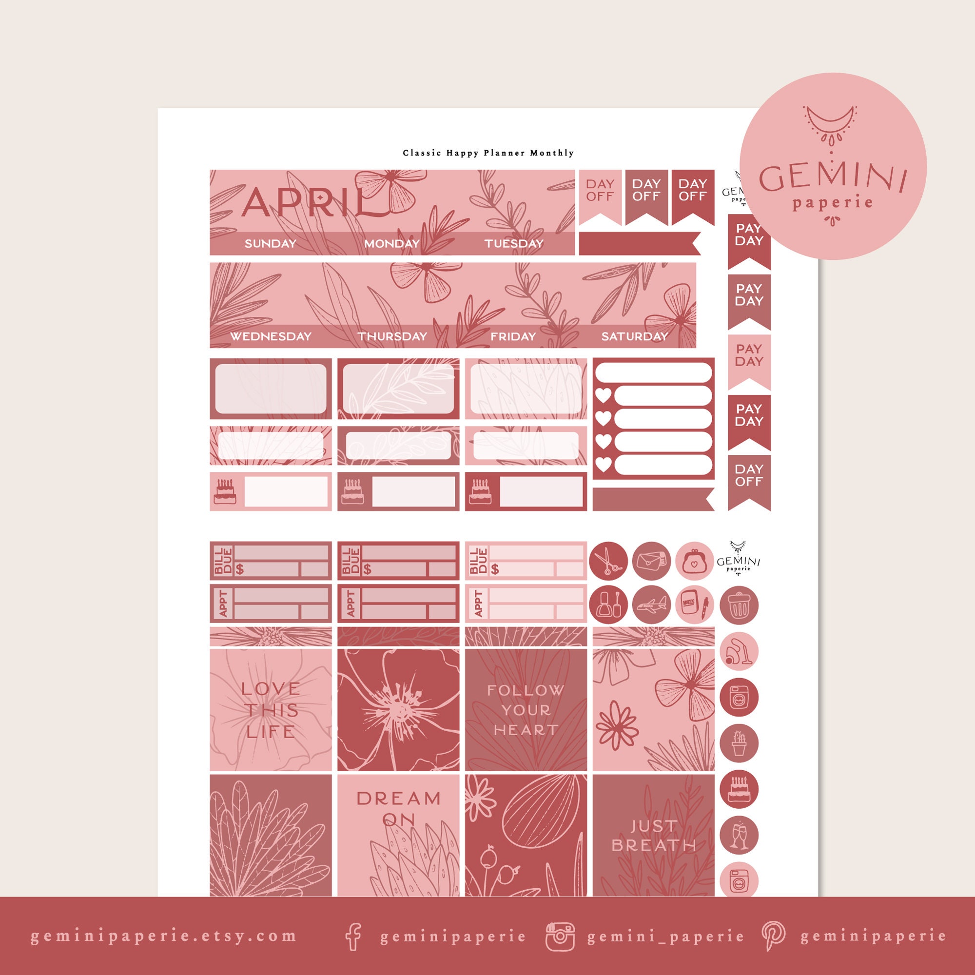 April Printable Planner Stickers Monthly Kit for Classic - Etsy