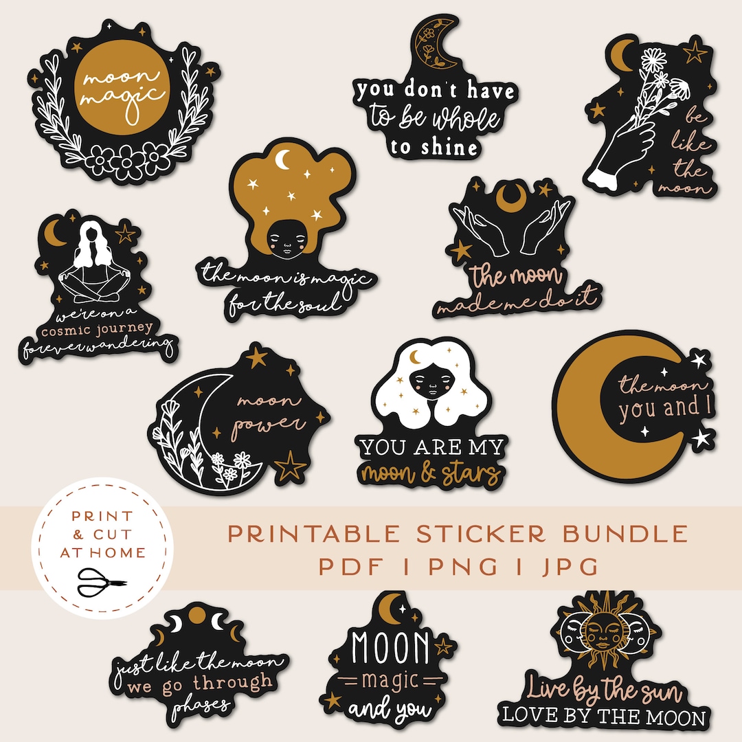 Moon Printable Stickers Bundle, Magic Stickers, Witch Vinyl Sticker ...