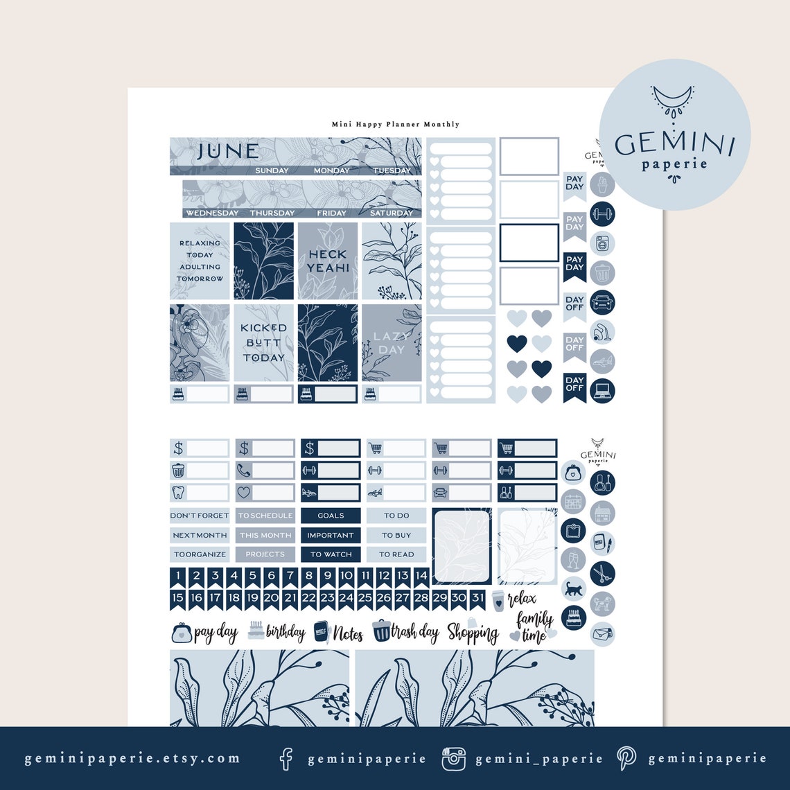 Monthly Planner Sticker Kit Mini Happy Planner June Printable | Etsy