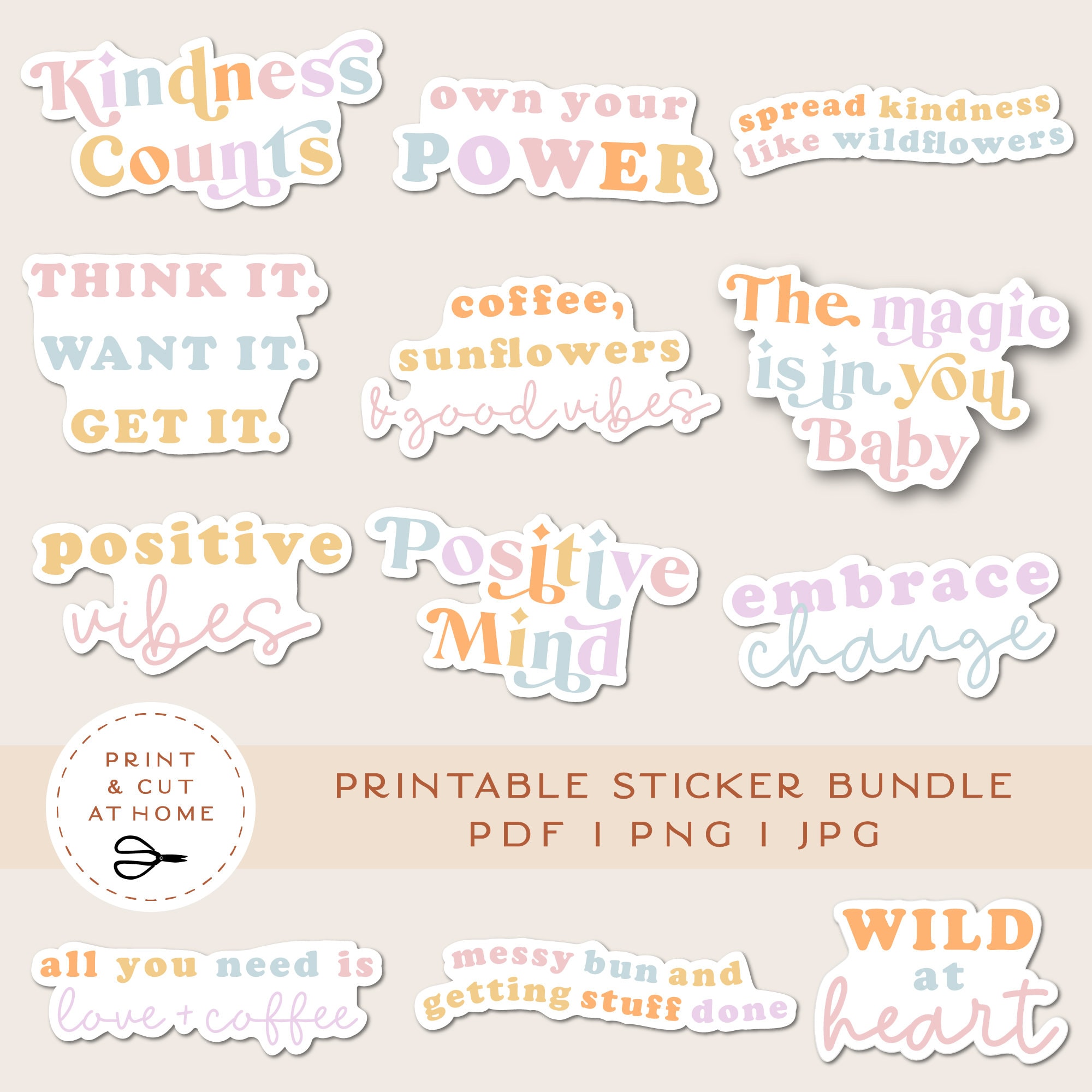 Motivational Quotes Printable Stickers Bundle, Positive Vibes Vinyl ...
