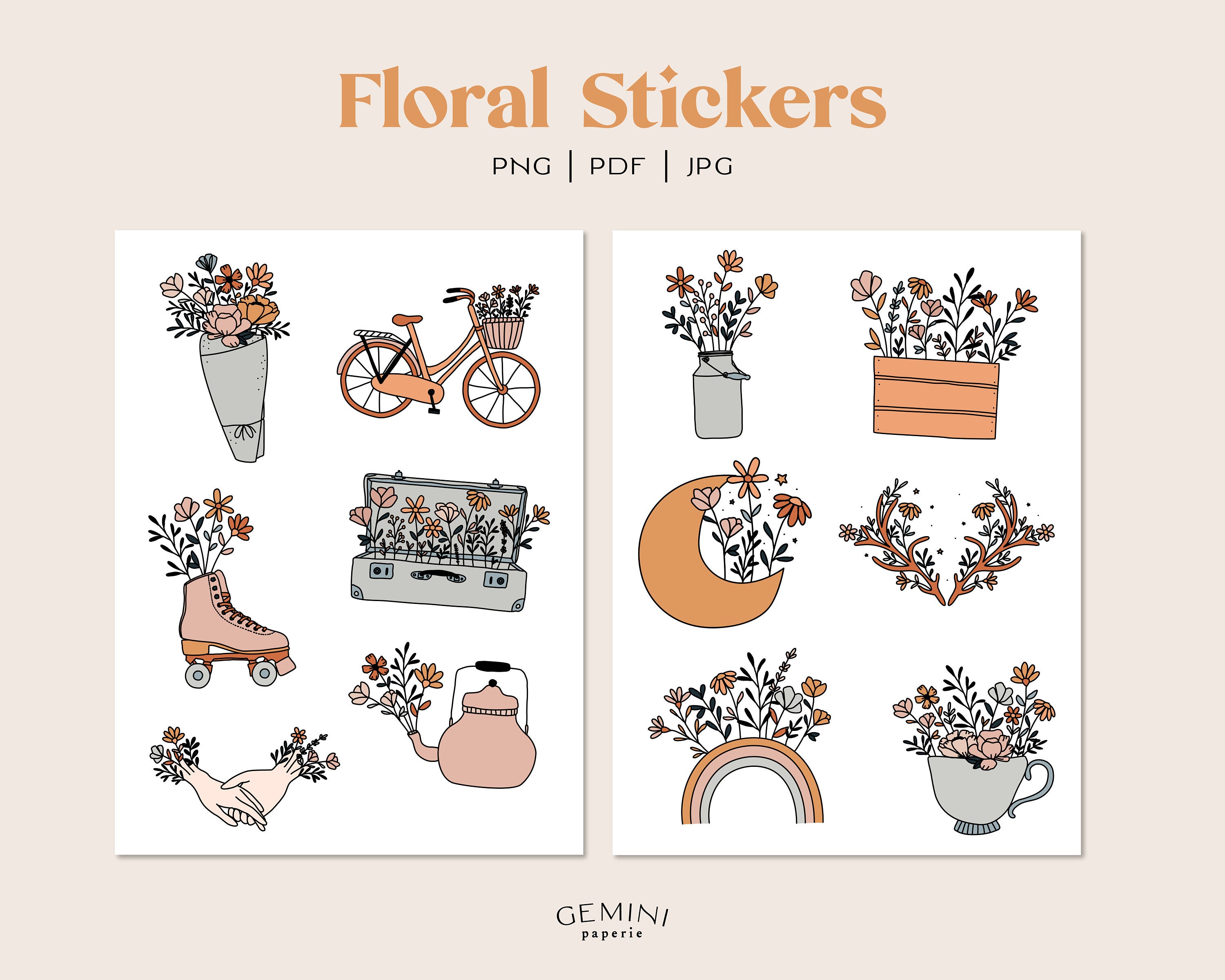 Floral Vinyl Sticker Flower Stickers Bundle Flower Bike - Etsy