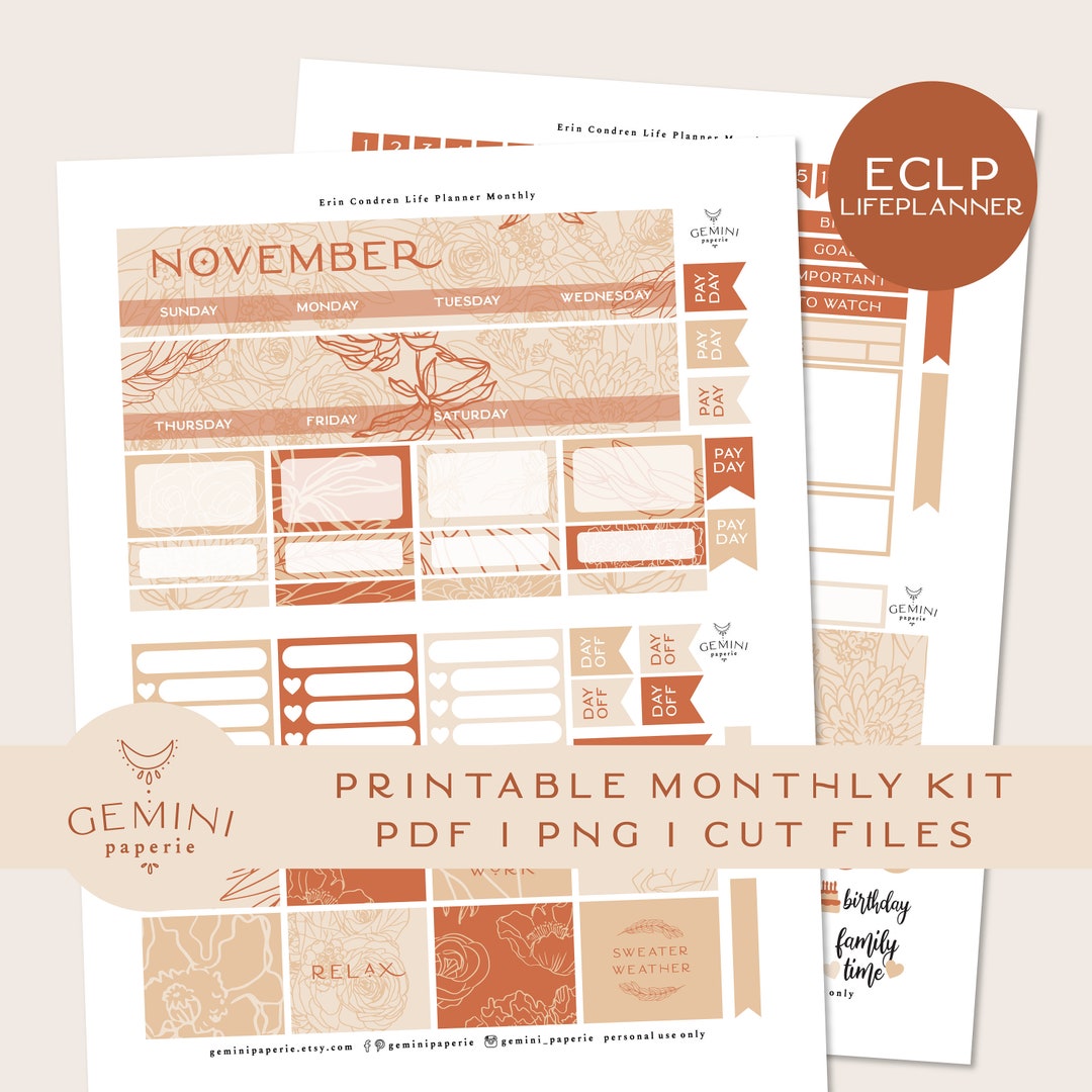 NOVEMBER Monthly Kit, Printable Planner Stickers Cricut Files, Monthly ...