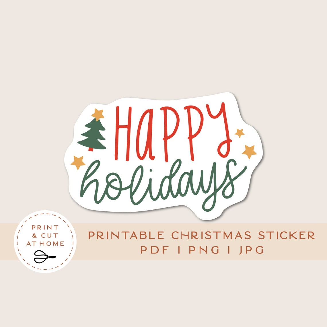 Happy Holidays Printable Sticker, Christmas Vinyl Sticker, Holiday ...