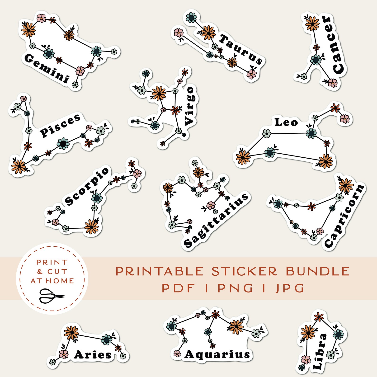 Floral Stickers Bundle Zodiac Printable Vinyl Sticker Laptop - Etsy