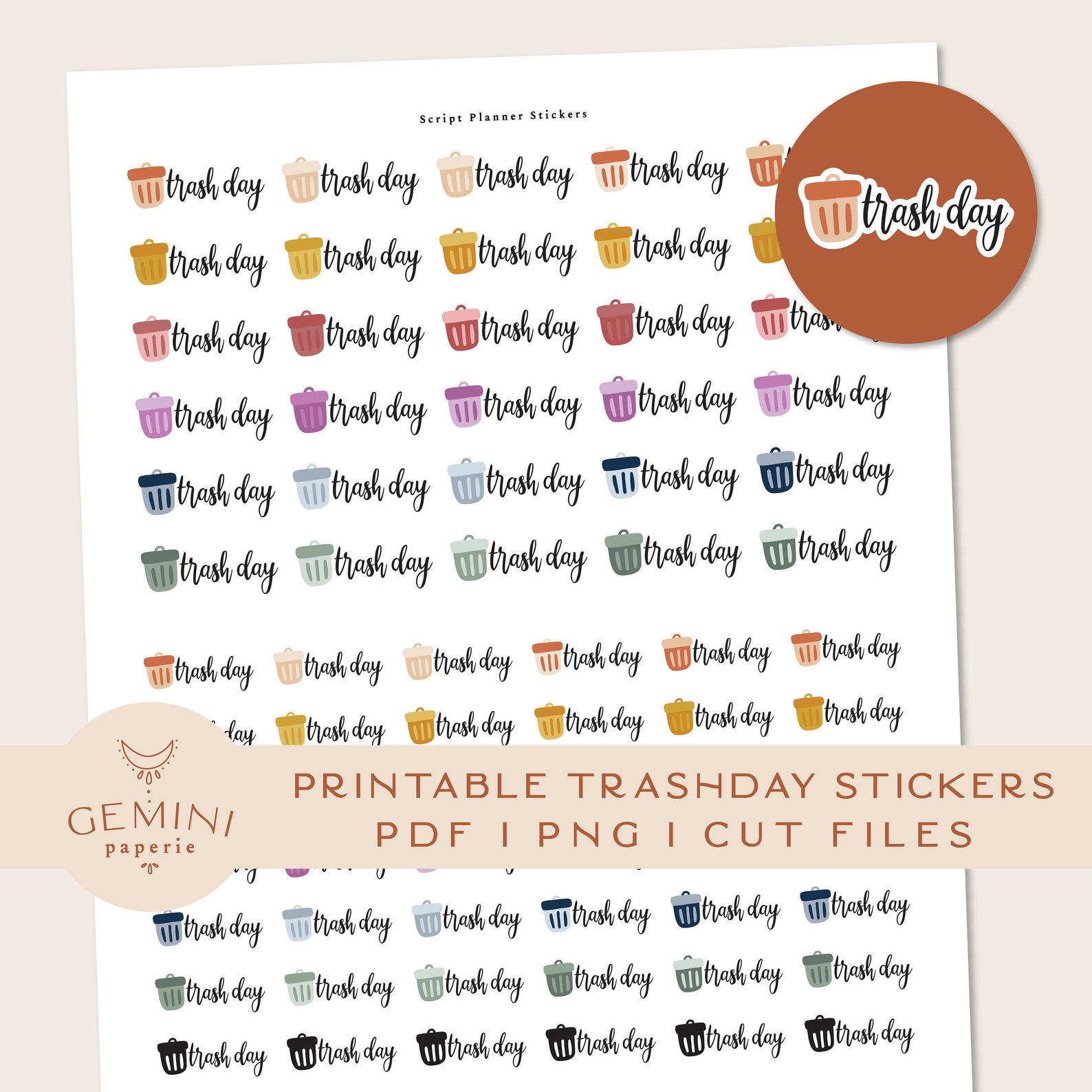Trash Day Printable Sticker. Script Planner Sticker. | Etsy