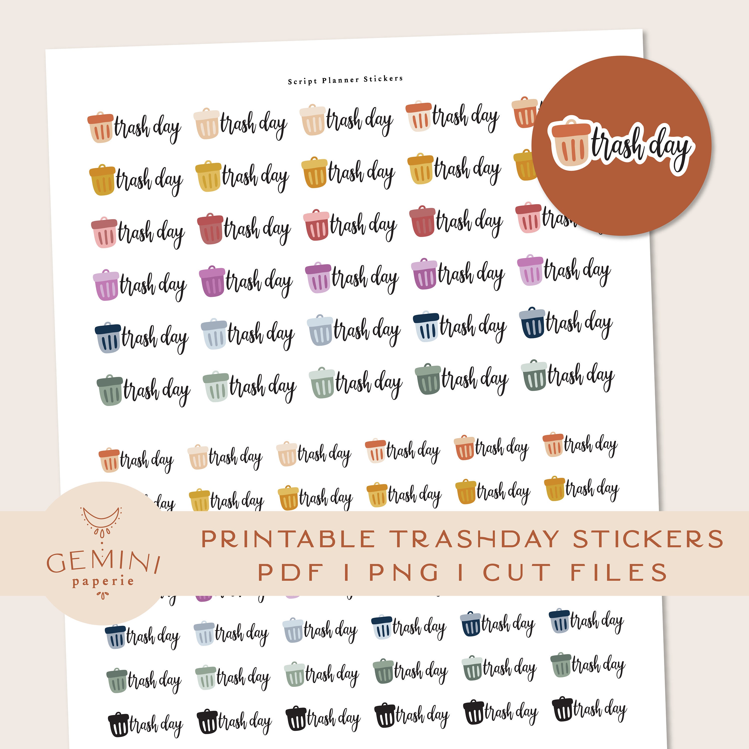 Trash Day Printable Sticker. Script Planner Sticker. | Etsy