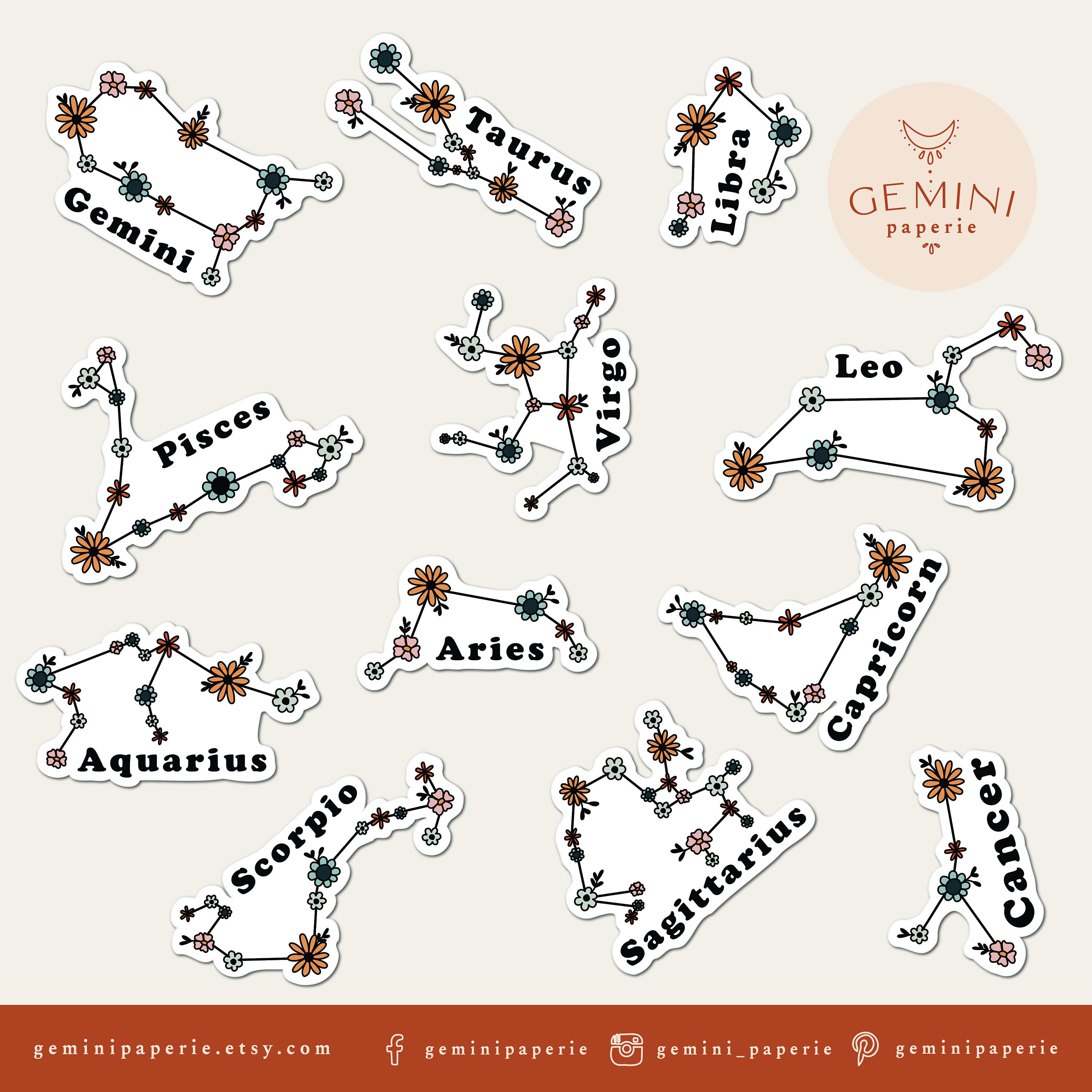 Floral Stickers Bundle Zodiac Printable Vinyl Sticker Laptop - Etsy