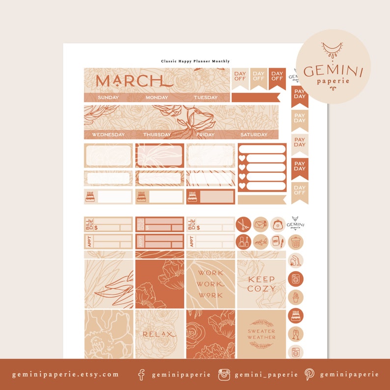 March Printable Planner Stickers. Monthly Kit for CLASSIC | Etsy
