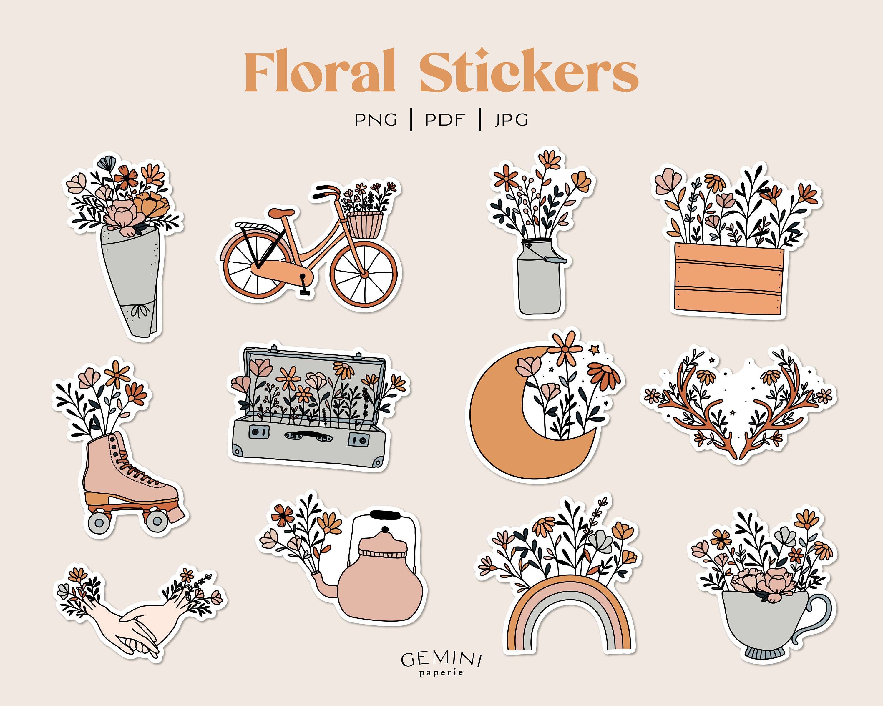 Floral Vinyl Sticker Flower Stickers Bundle Flower Bike - Etsy