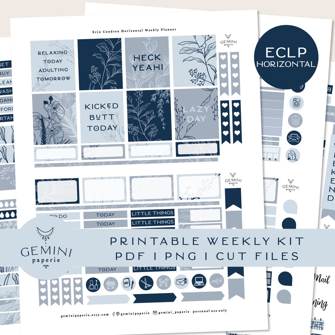 Horizontal Weekly Kit, Printable Planner Stickers for Erin Condren Life ...