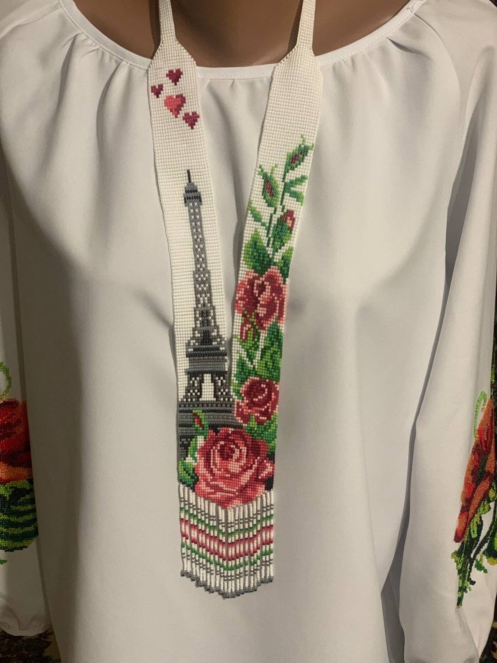 Beaded Necklace Eiffel Tower With Roses - Etsy