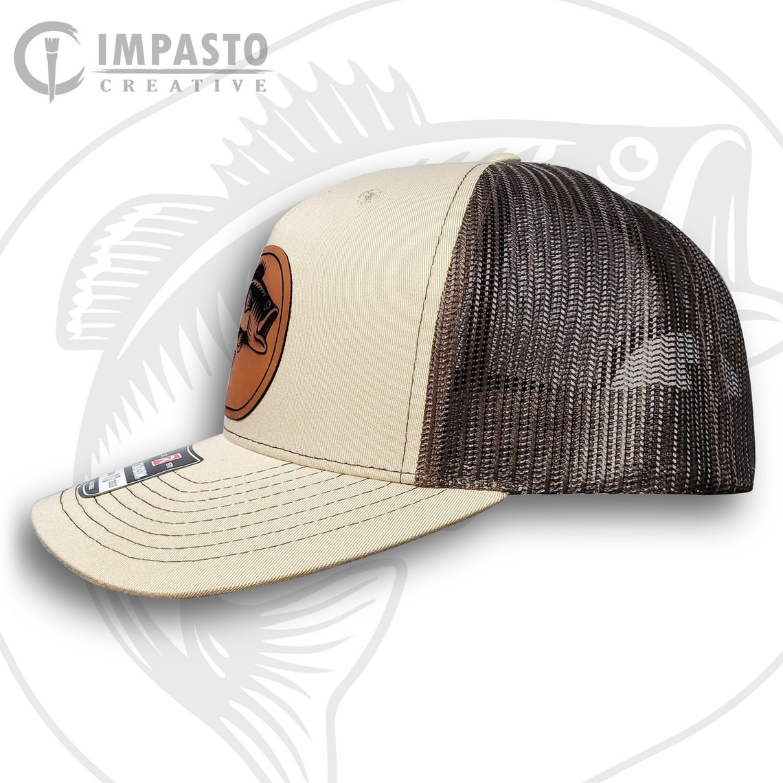 Fish Design Leather Patch Hat, Cool Hat, Khaki and Brown Trucker Hat ...