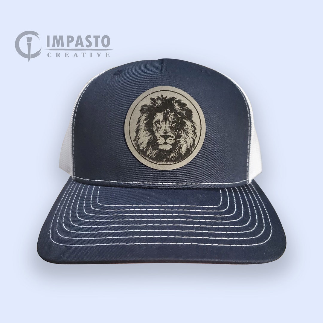 Engraved Lion Leather Patch Trucker Hat, Navy White Snapback - Etsy
