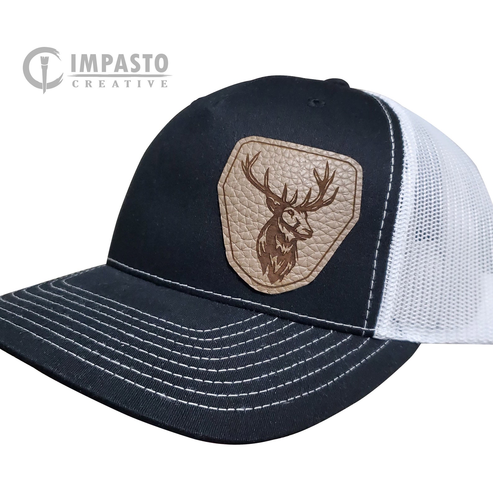 Engraved Leather Deer Design Hat, Leather Patch Hat, Cool Hat, Black ...