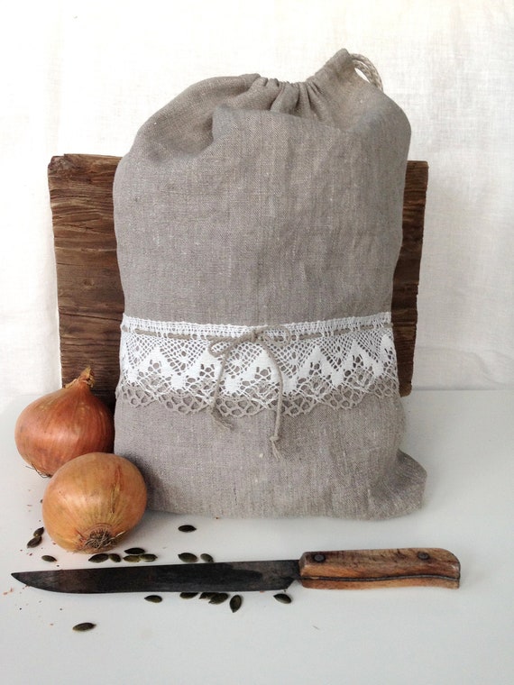 Large Natural Linen Bread Bag Drawstring Bag With Lace Bread | Etsy