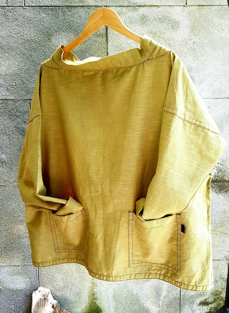 Linen Fisherman / Artist's Smock Top Navy, Chartreuse or Olive Green ...