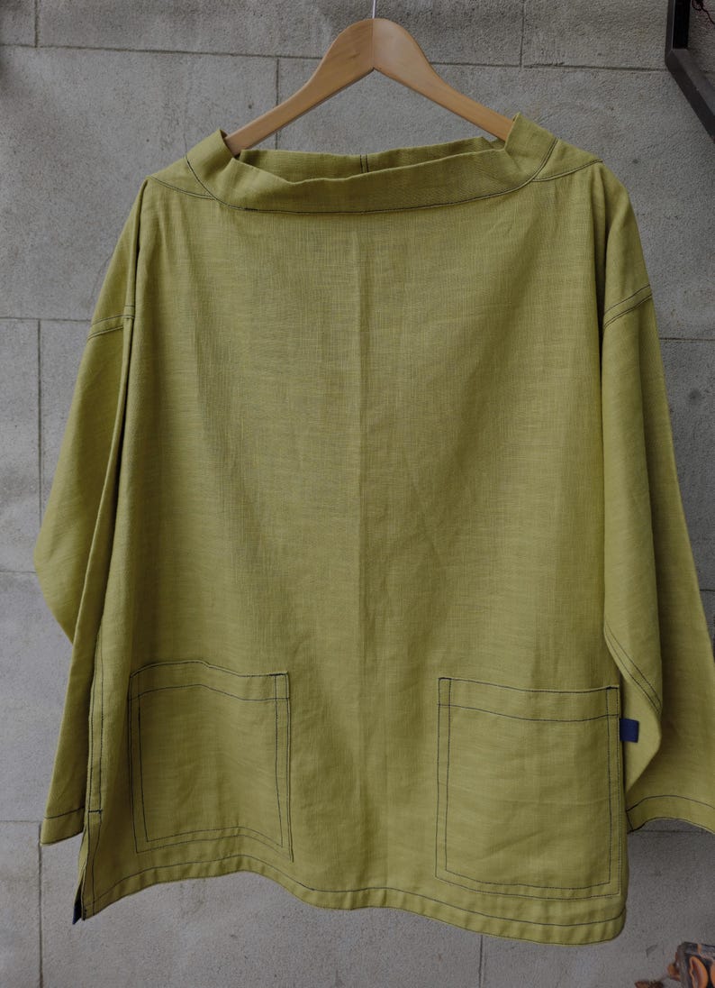 Linen Fisherman / Artist's Smock Top - Navy, Chartreuse or Olive Green ...