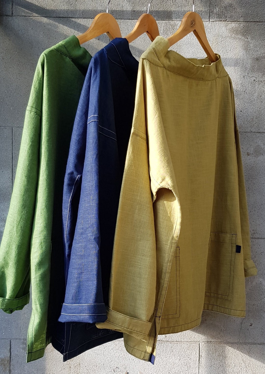 Linen Fisherman / Artist's Smock Top - Navy, Chartreuse or Olive Green ...