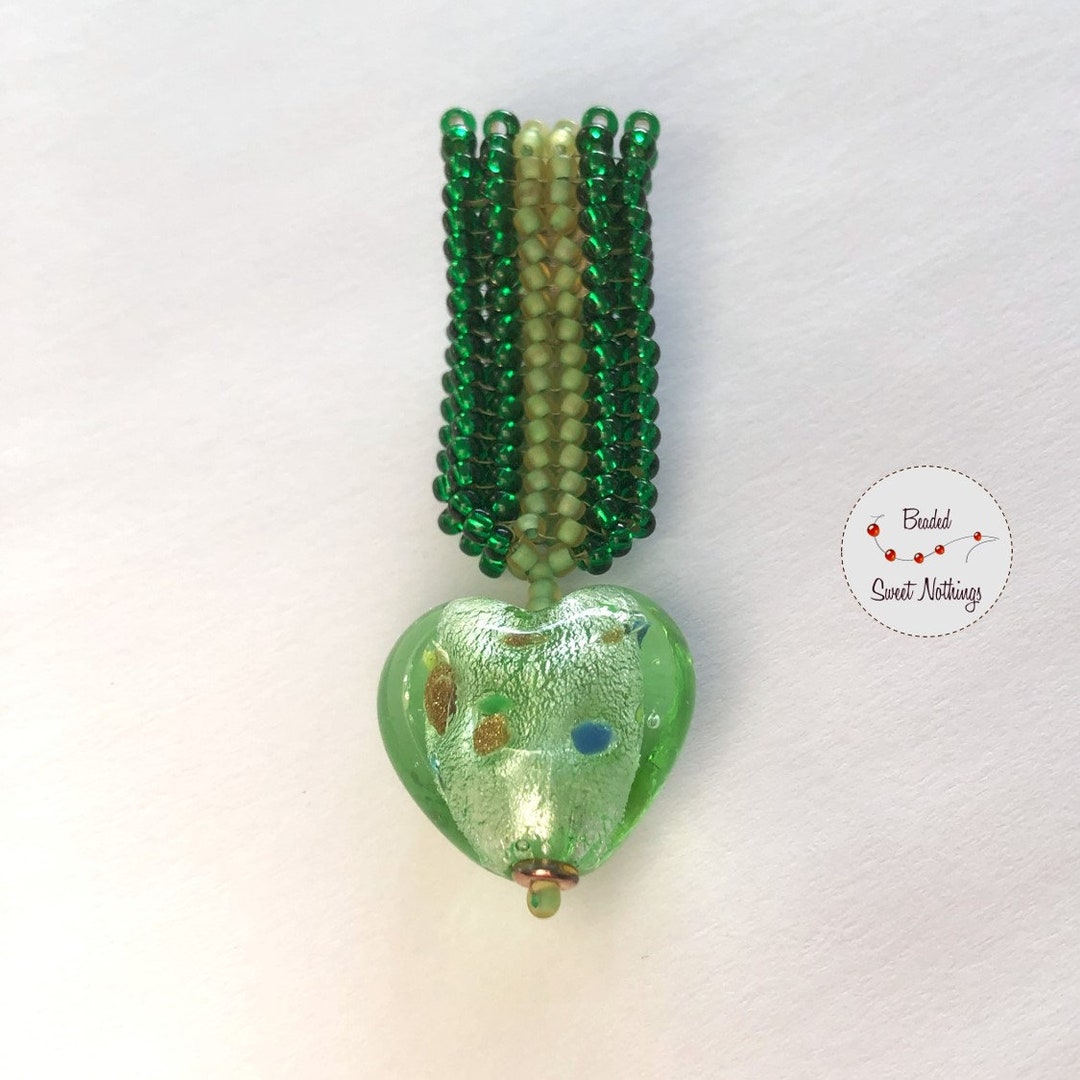 Heart Pins in Shades of Green. Bohemian Glass Heart on a Hand-threaded ...