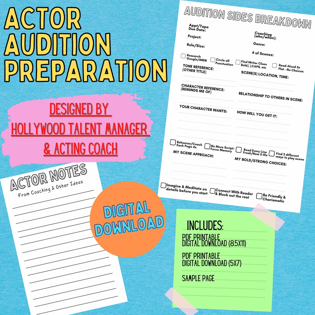 Actor Audition Preparation Printable Worksheet Sides Etsy