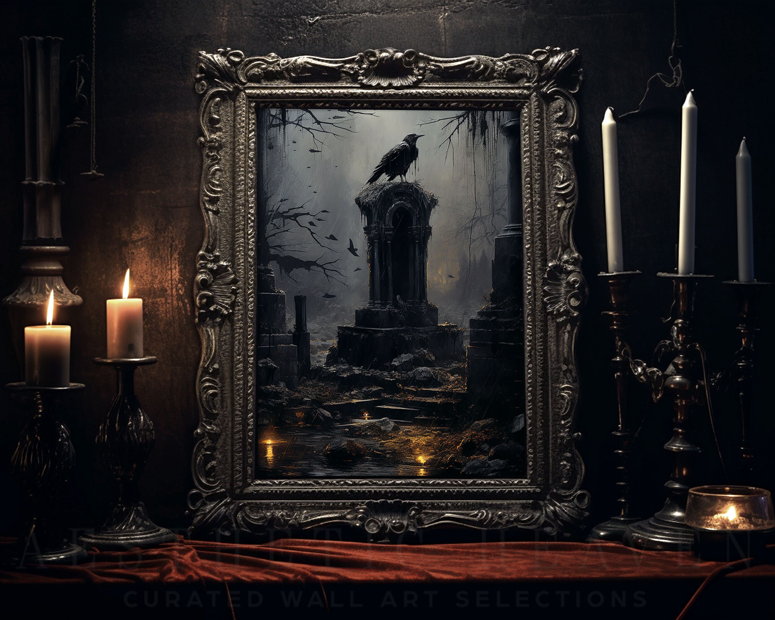 Vintage Raven Graveyard Painting | Spooky Halloween Wall Art (digital ...