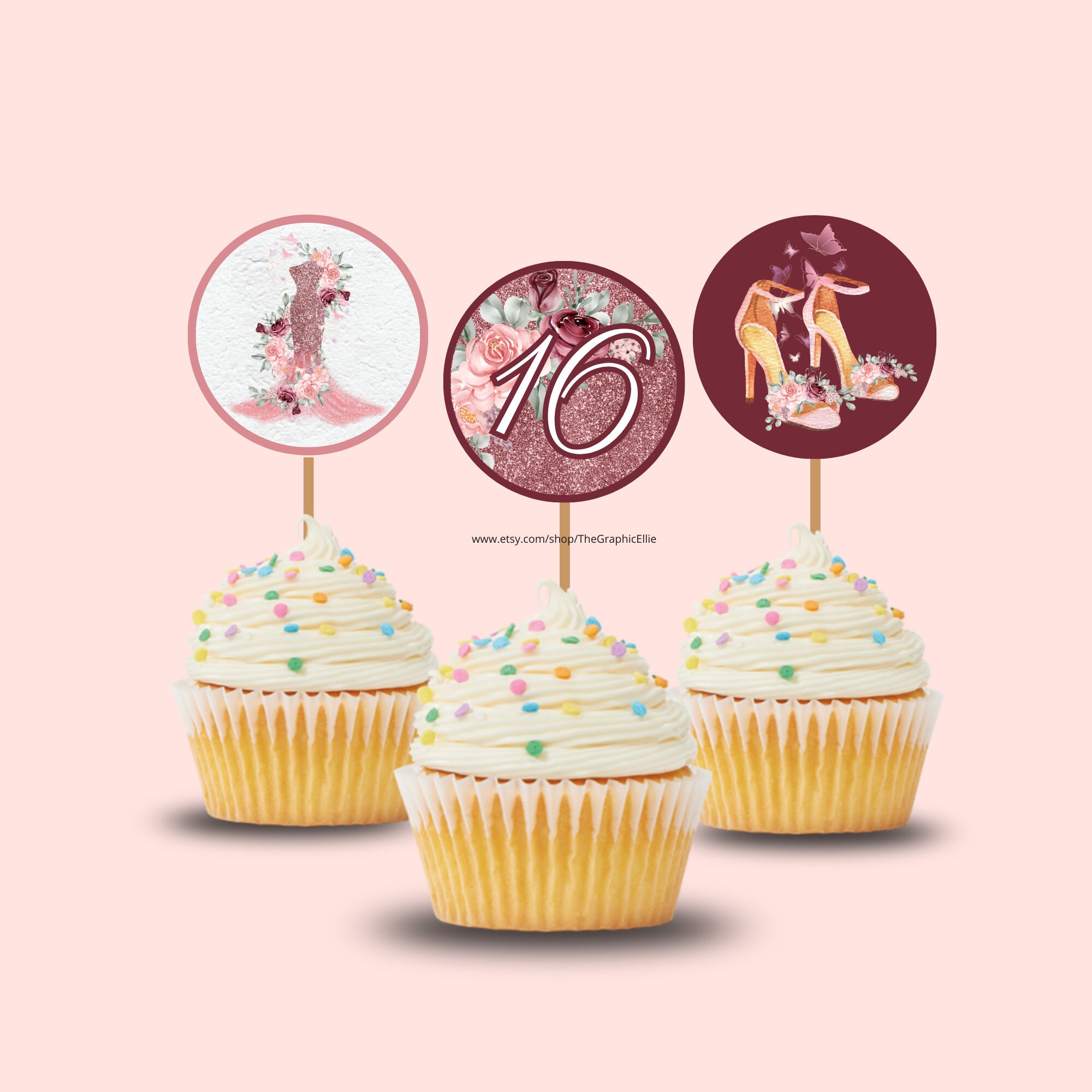 Sweet 16 Cupcake Toppers, Blush Pink Roses Sweet 16 Cupcake Topper ...