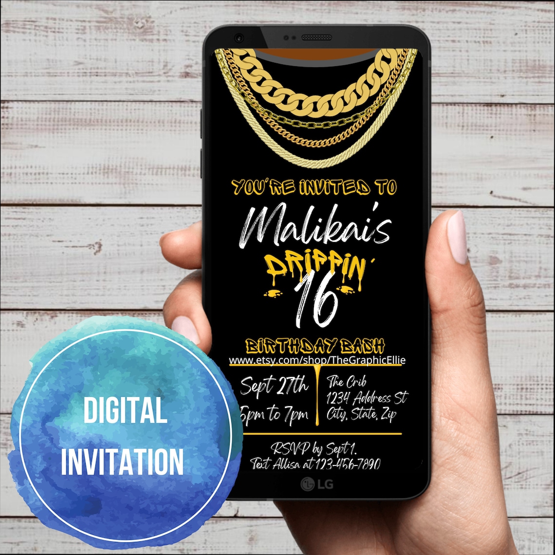 Drippin Swag 16 Birthday Invitation Hip Hop Invite Gold Chain Party ...
