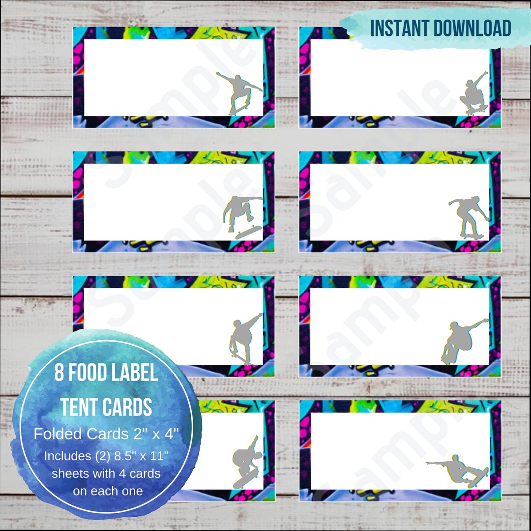 Skateboard Birthday Food Tent Label, Skater Food Label, Urban Sports ...