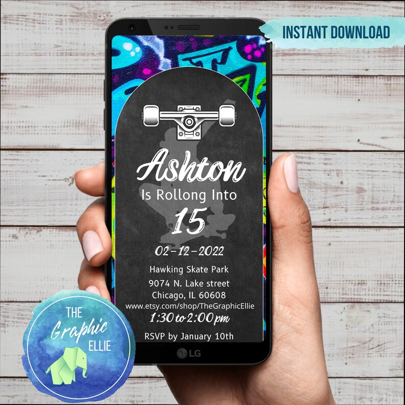 Skateboard Birthday Party Invitation, Skater Birthday Party, Urban ...