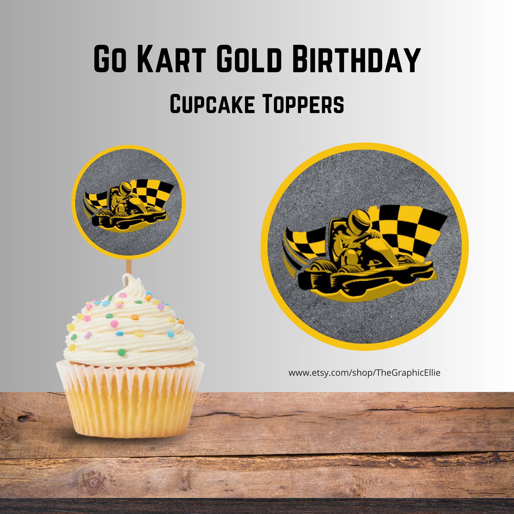 Cupcake Topper, Go-kart Party Toppers, Gold Speed Racer, Go Kart Favor ...