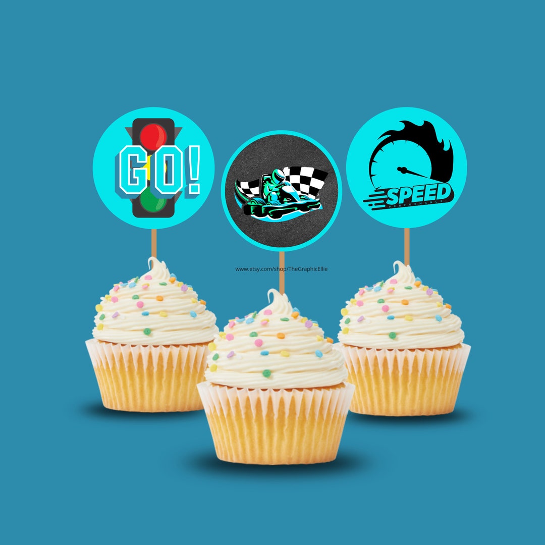 Cupcake Topper, Go-kart Party Toppers, Blue Speed Racer, Go Kart Favor ...