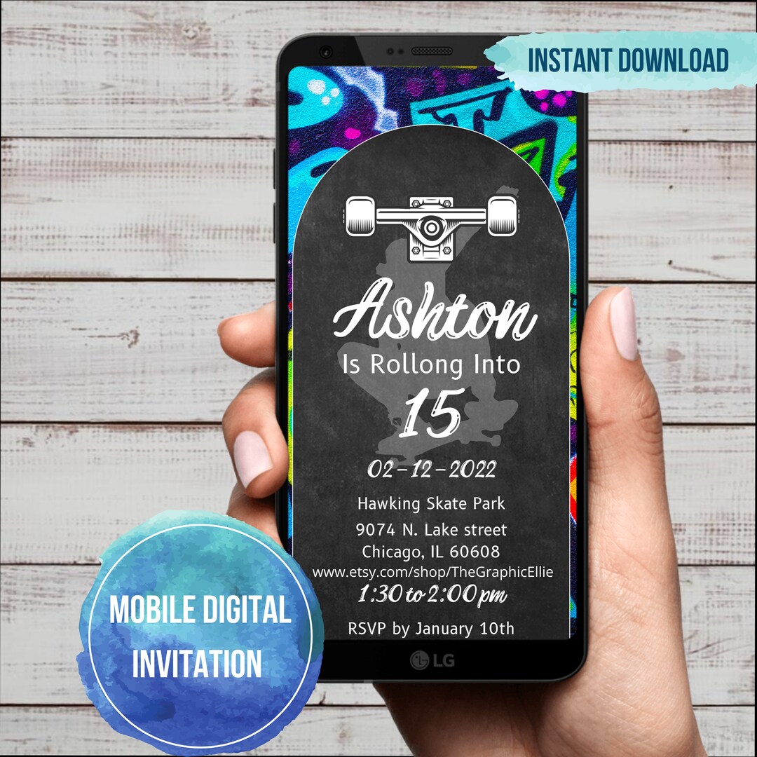 Skateboard Birthday Party Invitation, Skater Birthday Party, Urban ...
