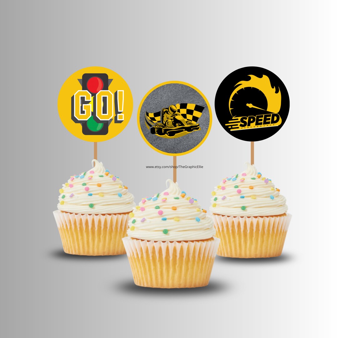 Cupcake Topper, Go-kart Party Toppers, Gold Speed Racer, Go Kart Favor ...