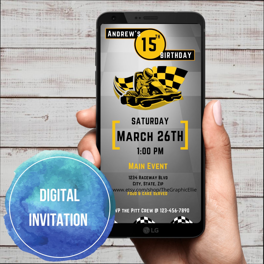 Go Kart Party Invitation - Gold Speed Racer - Go Kart Party - Karting ...