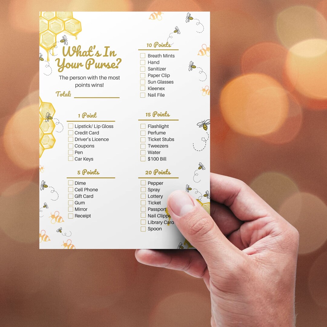 Honey Bee Baby Shower What's in Your Purse Game, Printable, Party Favor ...