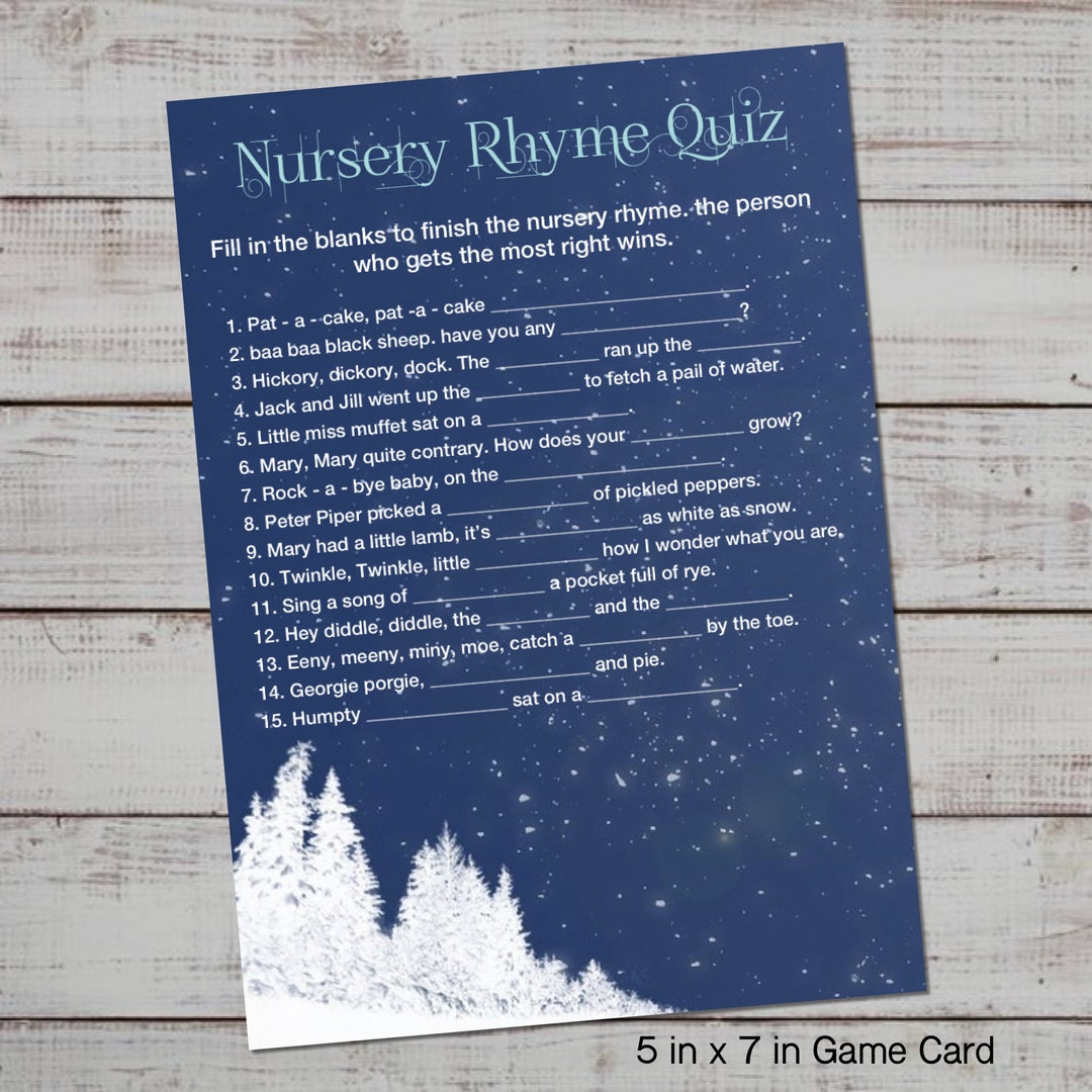Winter Theme Baby Shower Nursery Rhyme Quiz Game, Snowy Baby Shower ...