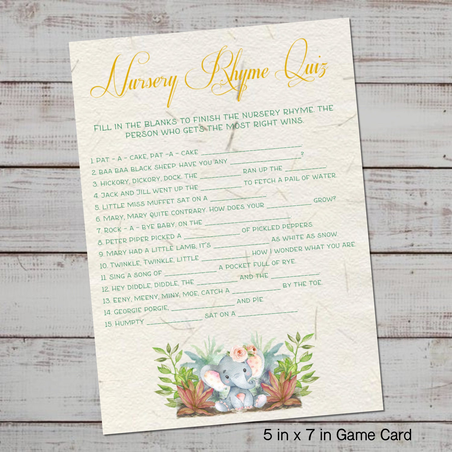 Watercolor Elephant Baby Shower Nursery Rhyme Quiz Game, Safari Baby ...