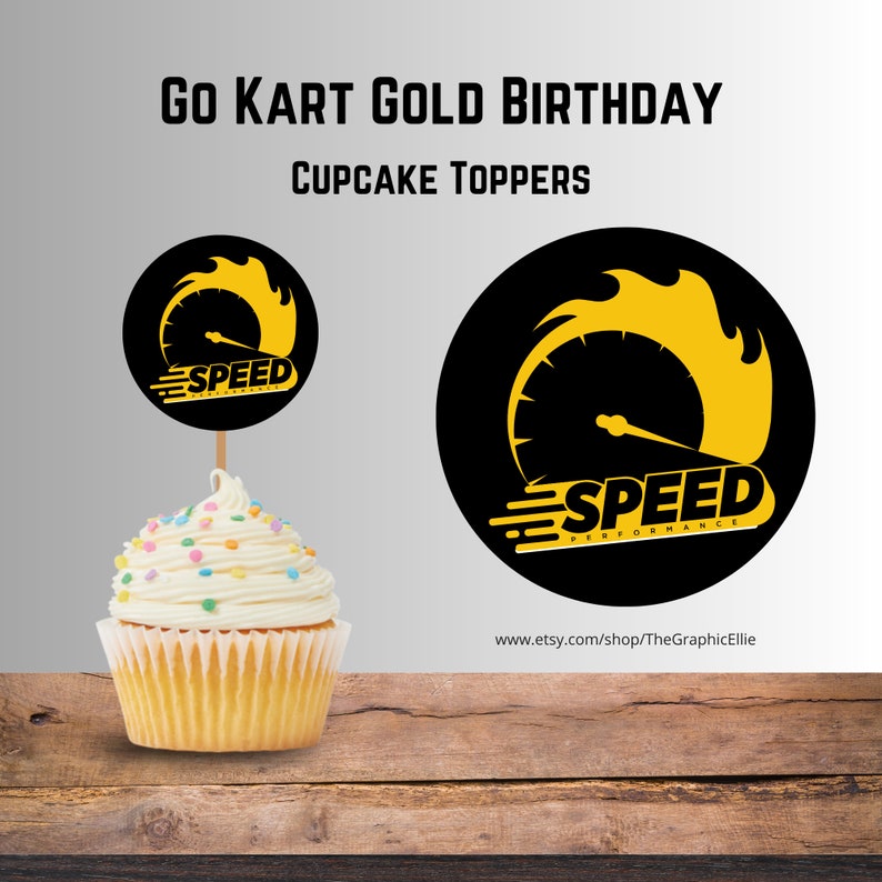 Cupcake Topper, Go-kart Party Toppers, Gold Speed Racer, Go Kart Favor ...