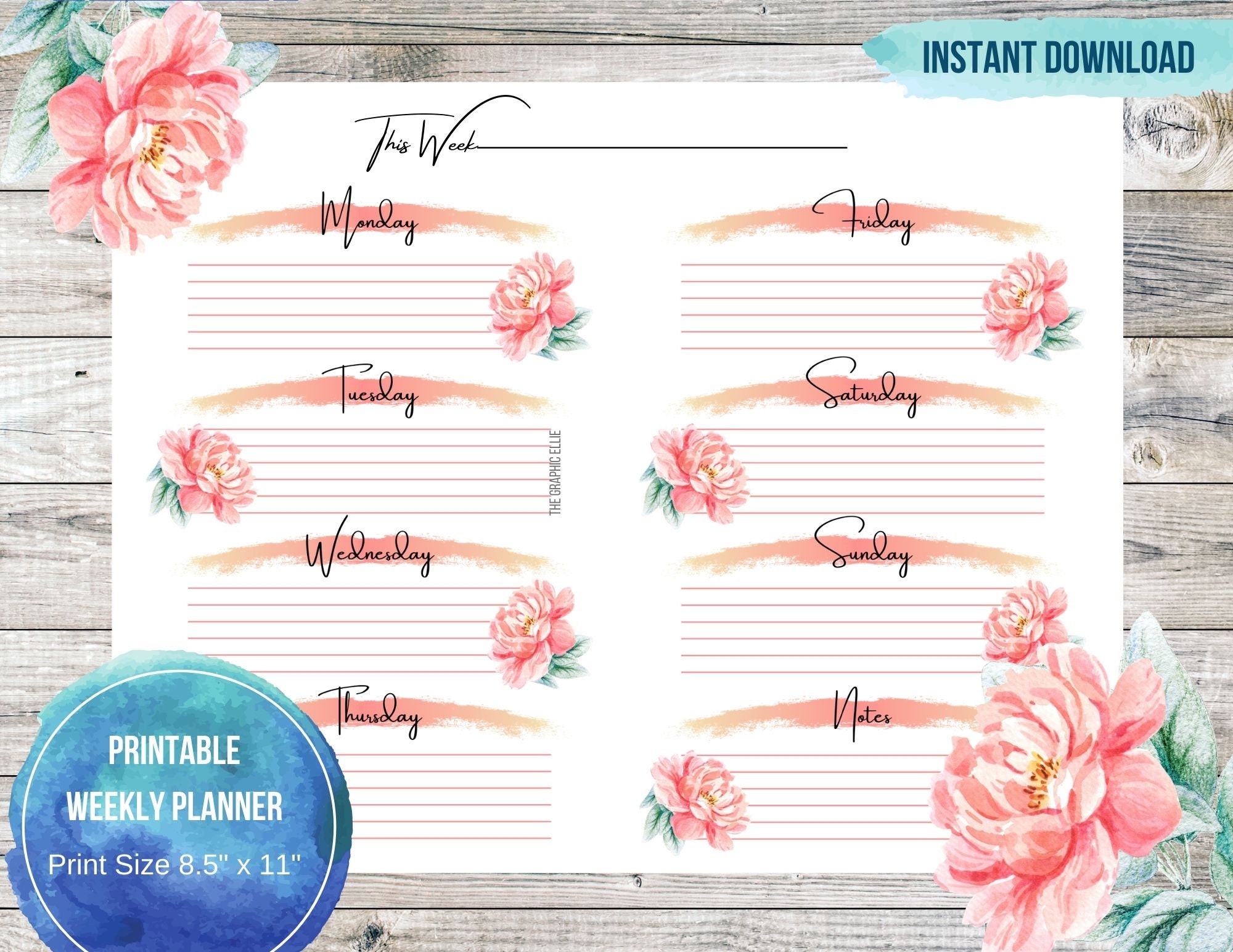 Weekly Planner Peach Rose Weekly Schedule School Planner | Etsy