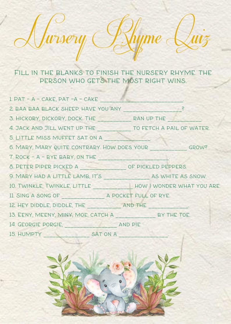 Watercolor Elephant Baby Shower Nursery Rhyme Quiz Game - Etsy