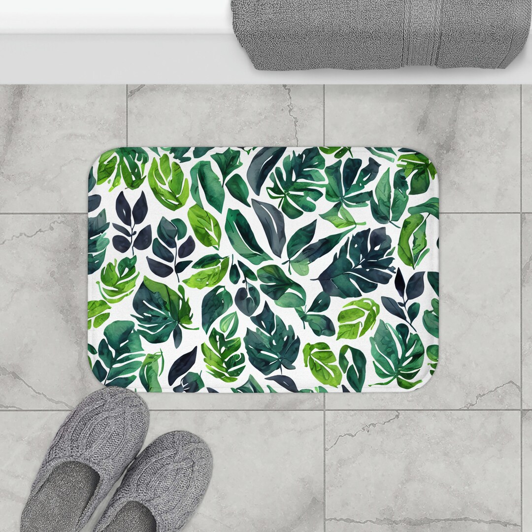 Watercolor Plants Bath Mat, Cute Plant Bathroom Deco, Plant Leaf ...