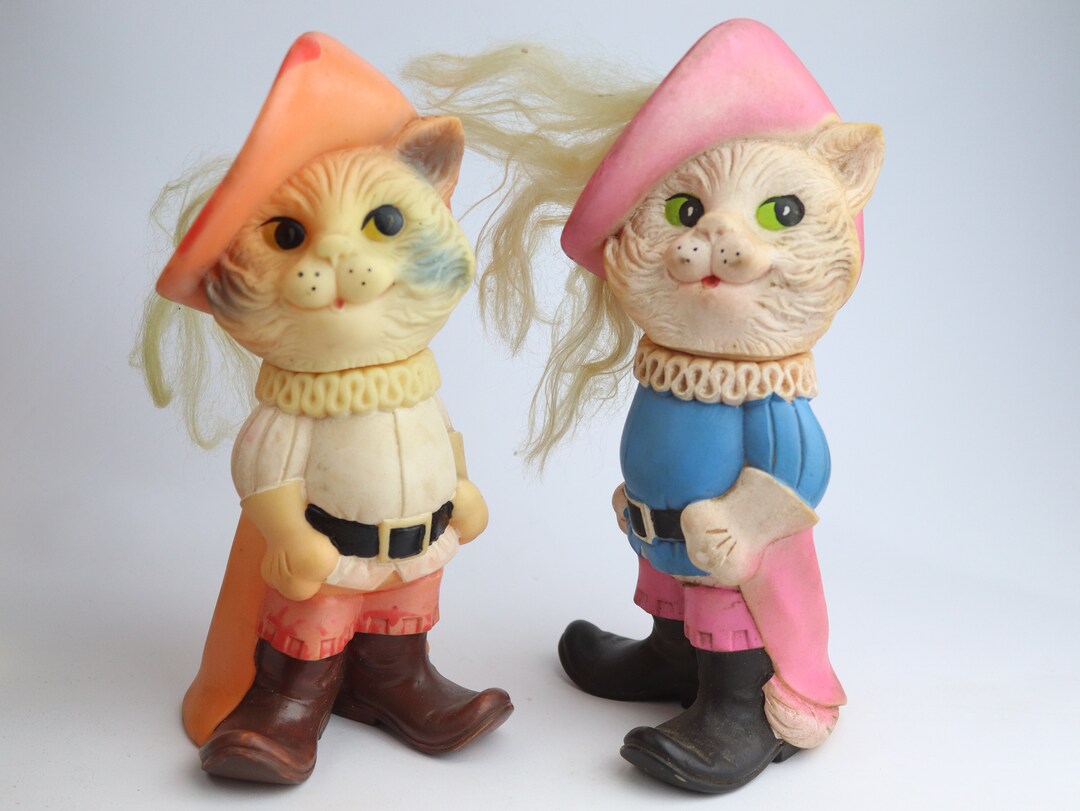 Two Vintage Rubber Puss in Boots Toys, Cat, Soviet Cat Toy, Duet Cats, Puss in Boots, Fairy Tale ...